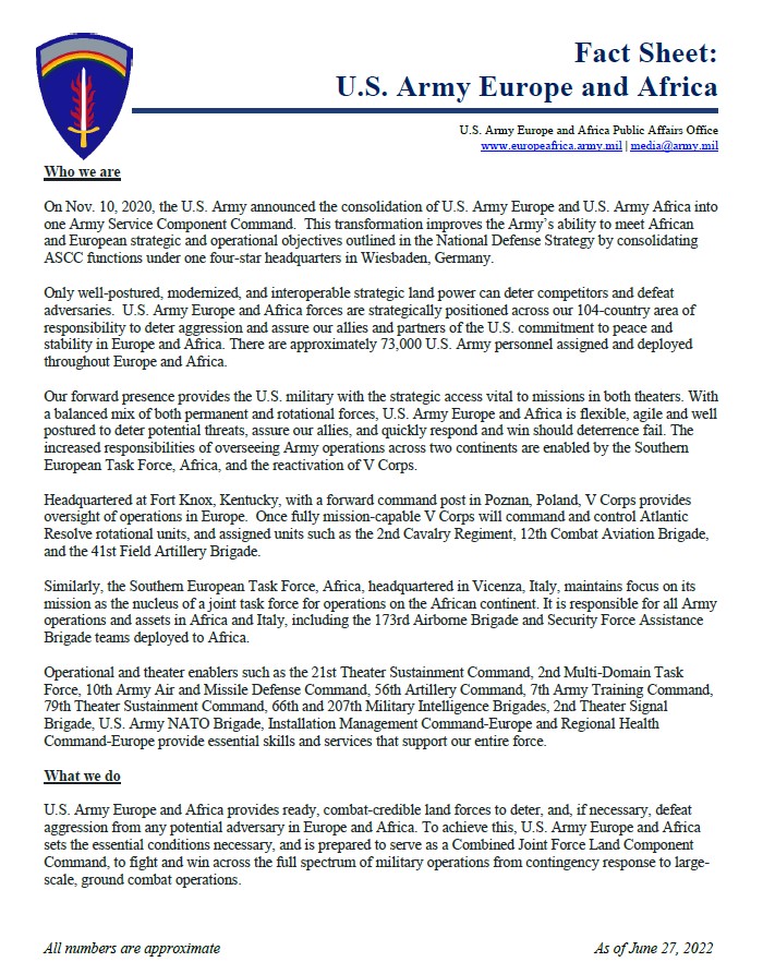U.S. Army Europe and Africa Fact Sheets